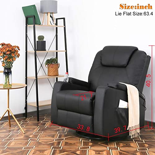 Massage Recliner Chair Rocking Swivel Chair with Heated Massage Ergonomic Lounge 360 Degree Swivel Single Sofa Seat and Two Hidden Cup Holders (Black)