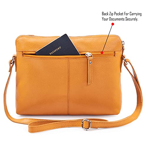 Wise Owl Accessories Small Soft Pebbled Real Leather Crossbody Handbags & Purses - Triple Zip Premium Sling Crossover Shoulder Bag for Women (Mustard Nappa)