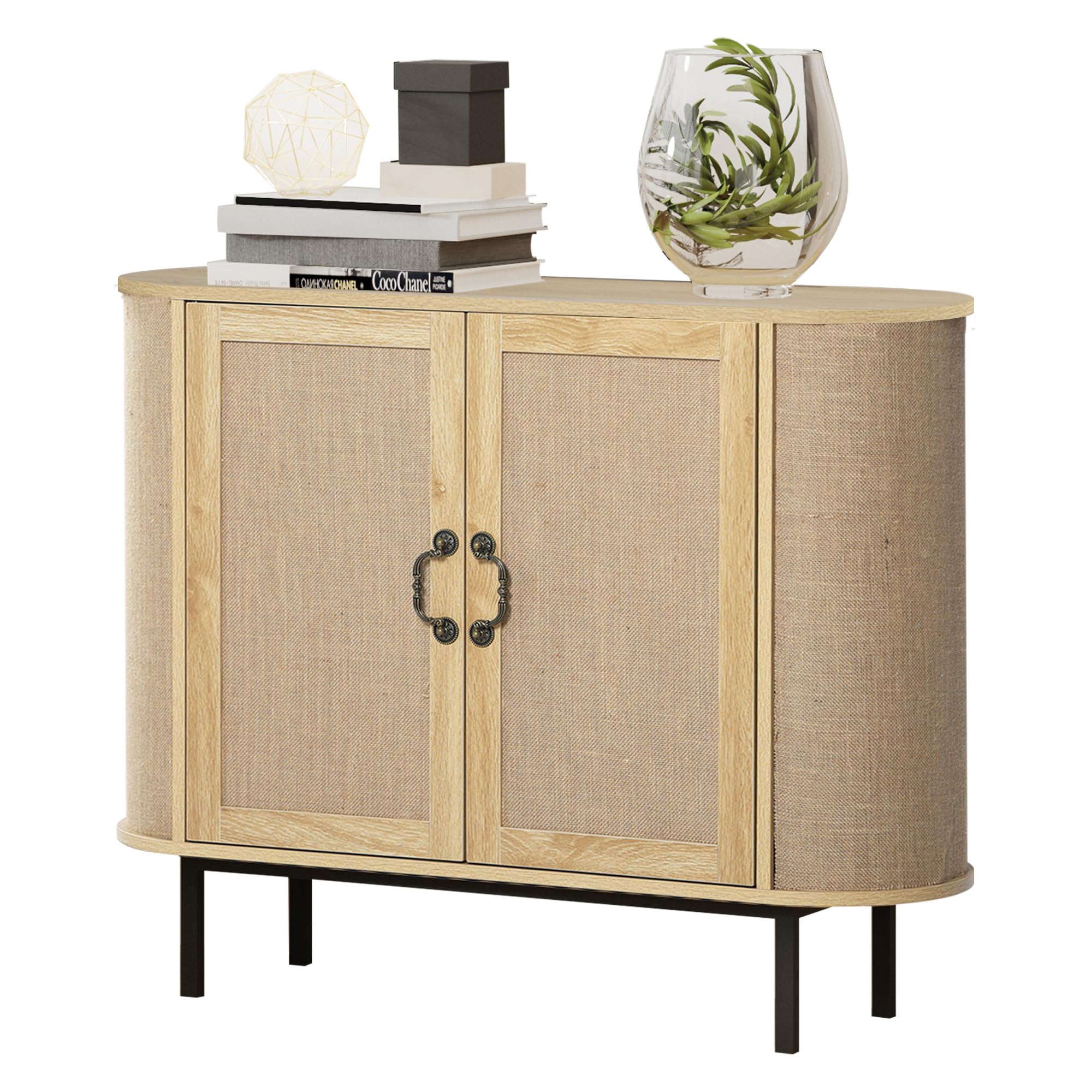 FurSch 40” Sideboard Buffet Cabinet with Storage,Oval Small Buffet Cabinet,Boho Rattan Accent Cabinet Sideboard for Living Room,Dining Room