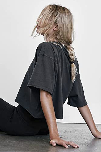 Women's Oversize Crop Tops Casual Half Sleeve Drop Shoulder T-Shirts Roll Hem Basic Workout Loose Yoga Athletic Running Tees Black S
