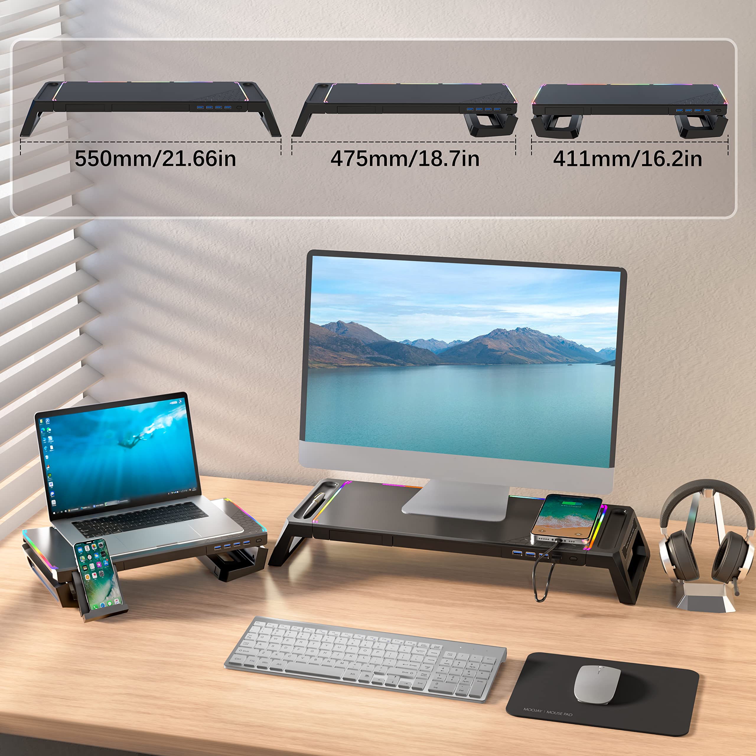 MOOJAY Monitor Stand for Desk RGB Gaming Lights with 4 USB 3.0 Hub