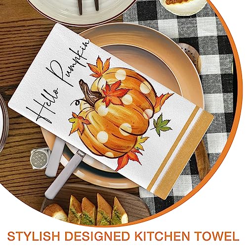 Seliem Fall Hello Pumpkin Patch Kitchen Dish Towels Set of 2, Autumn Maple Leaves Hand Towels Buffalo Plaid Check Drying Baking Cooking Cloth, Farmhouse Thanksgiving Home Kitchen Decor 18x26 Inch