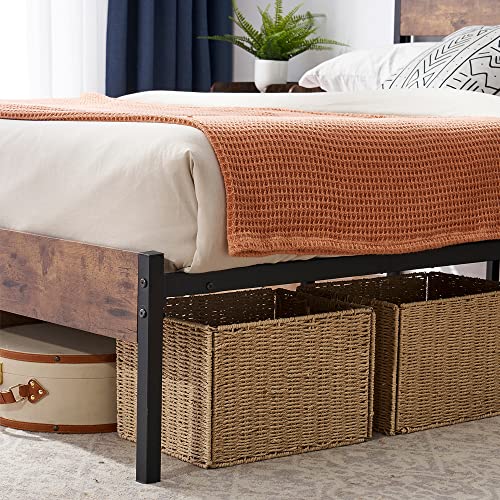 VECELO Platform Queen Bed Frame with Rustic Vintage Wood Headboard and Footboard, Mattress Foundation, Strong Metal Slats Support, No Box Spring Needed