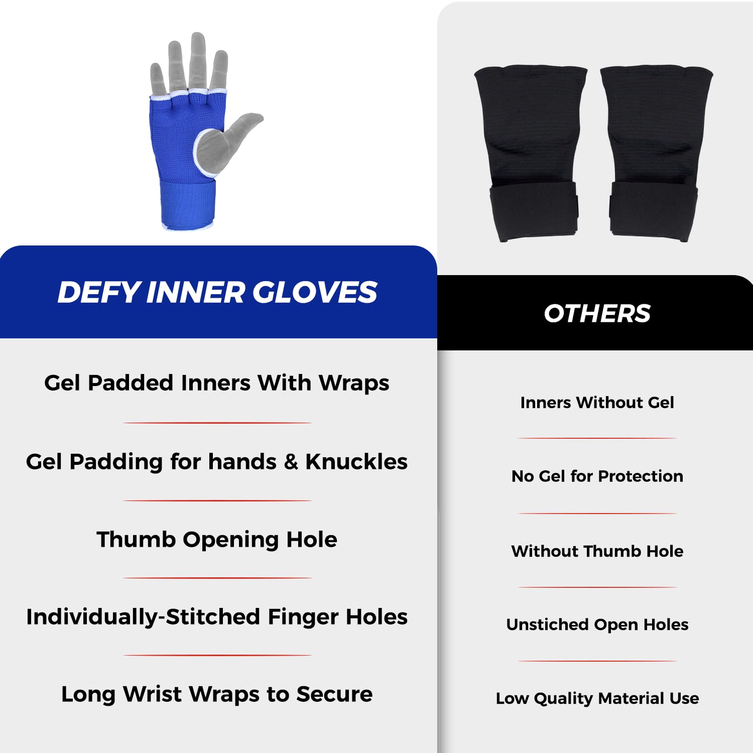 DEFY Padded Inner Gloves Quick 75cm long strap β Inner boxing gloves Gel padded knuckle protection β Elasticated boxing hand wraps for MMA Muay Thai Kickboxing Martial Arts Pair (Blue, Large)