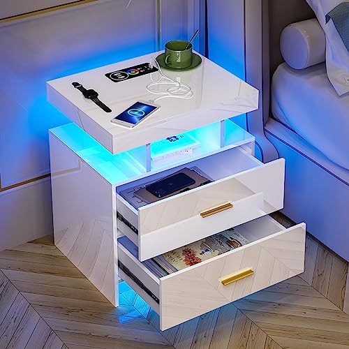 HNEBC LED Nightstand, RGB White Night Stand with USB/Wireless Charging Station, Modern Bedside Table has Auto Sensor RGB Lights, End Side Table with 2 Drawer for Bedroom Furniture, White