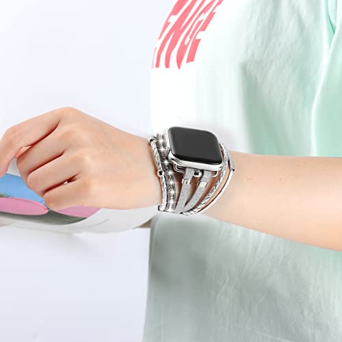WONMILLE Posh Leather Bands Compatible With Apple Watch 41mm 40mm 38mm Women, Boho Bracelets Jewelry Multilayer Wrap Strap for iwatch Series SE 8 7 6 5 4 3 2 1 (Glitter Silver, 38mm/40mm/41mm)
