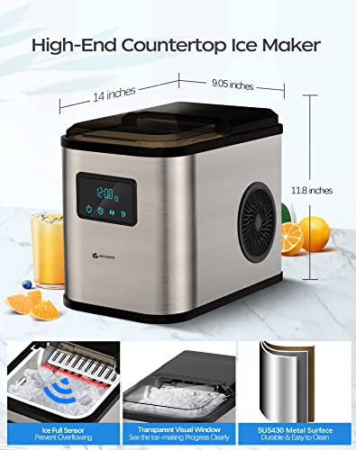 Ice Maker Countertop, Portable Ice Maker Machine, 28lbs/24Hrs, 6 Mins/9 Pcs Bullet Ice, Mini Ice Maker with Self Cleaning, Time Reservation Function, LED Display, Include Scoop & Basket, Stainless