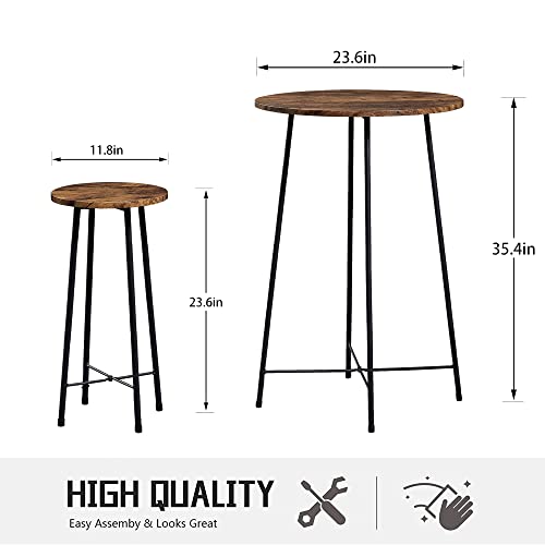 VECELO Small Bar Table and Chairs, Round Bistro Sets with 2 barstools, 3-Piece Pub Dining Furniture, Counter Height Wood Top for Breakfast Dinner Coffee Nap Conference, Easy Assembly, Rustic Brown