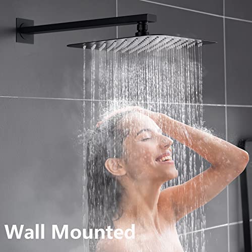 Esnbia 12" Rain Shower Head, Stainless Steel Rainfall Ceiling Mount Shower Head, 2.5 GPM Water Flow, Matte Black (Shower Arm NOT Include)