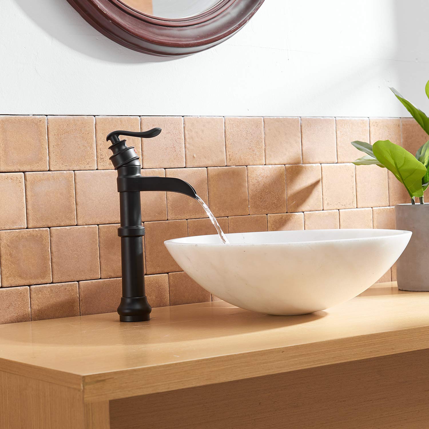 Matte Black Vessel Sink Faucet Waterfall with Pop Up Drain Assembly and Single-Handle Hole Supply Hose Lead-Free Vanity Lavatory Bathroom Faucet Mixer Tap