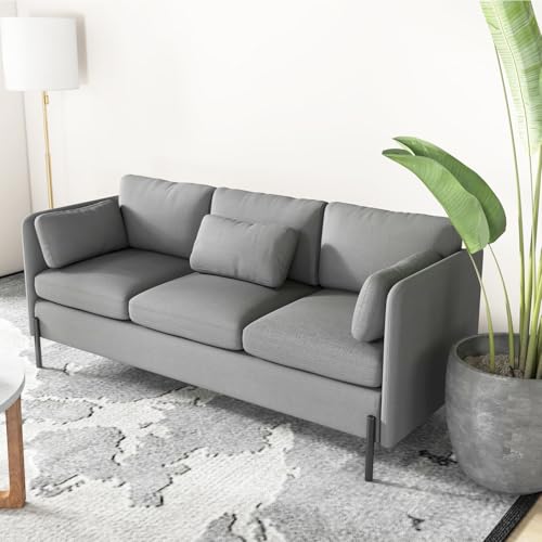 LINLUX 70 Inch Sofa Couch, 3 Seater Couches for Living Room, Comfy Sofas w/3 Pillows and Iron Legs, Fabric Sofa for Small Spaces, Bedroom, Office, Light Grey