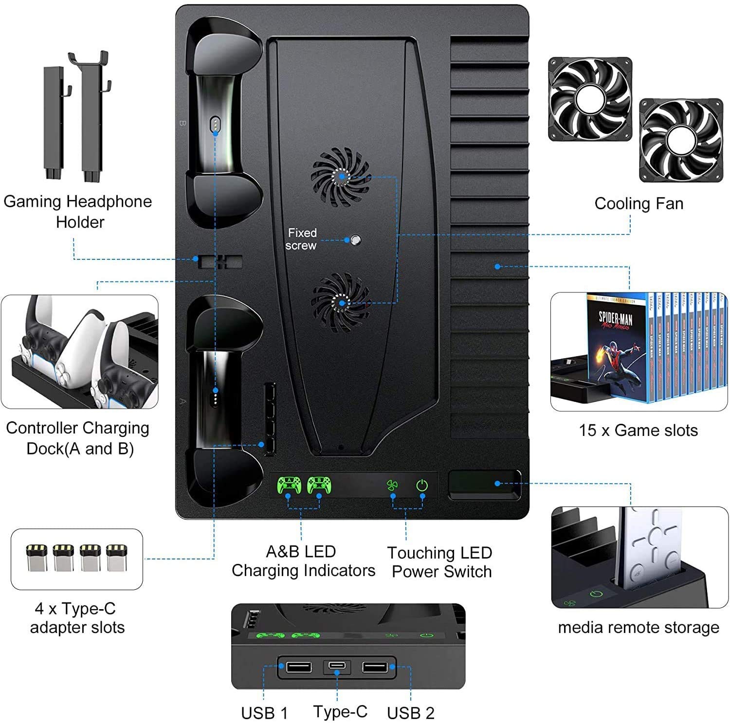DeHasion Mulfunction PS5 Cooling Stand with Ps5 Controller Charger Docks/Vertical Cooler System/Headset Holder/15-Slot Disc Stoarge for PS5 DE and UHD Edition