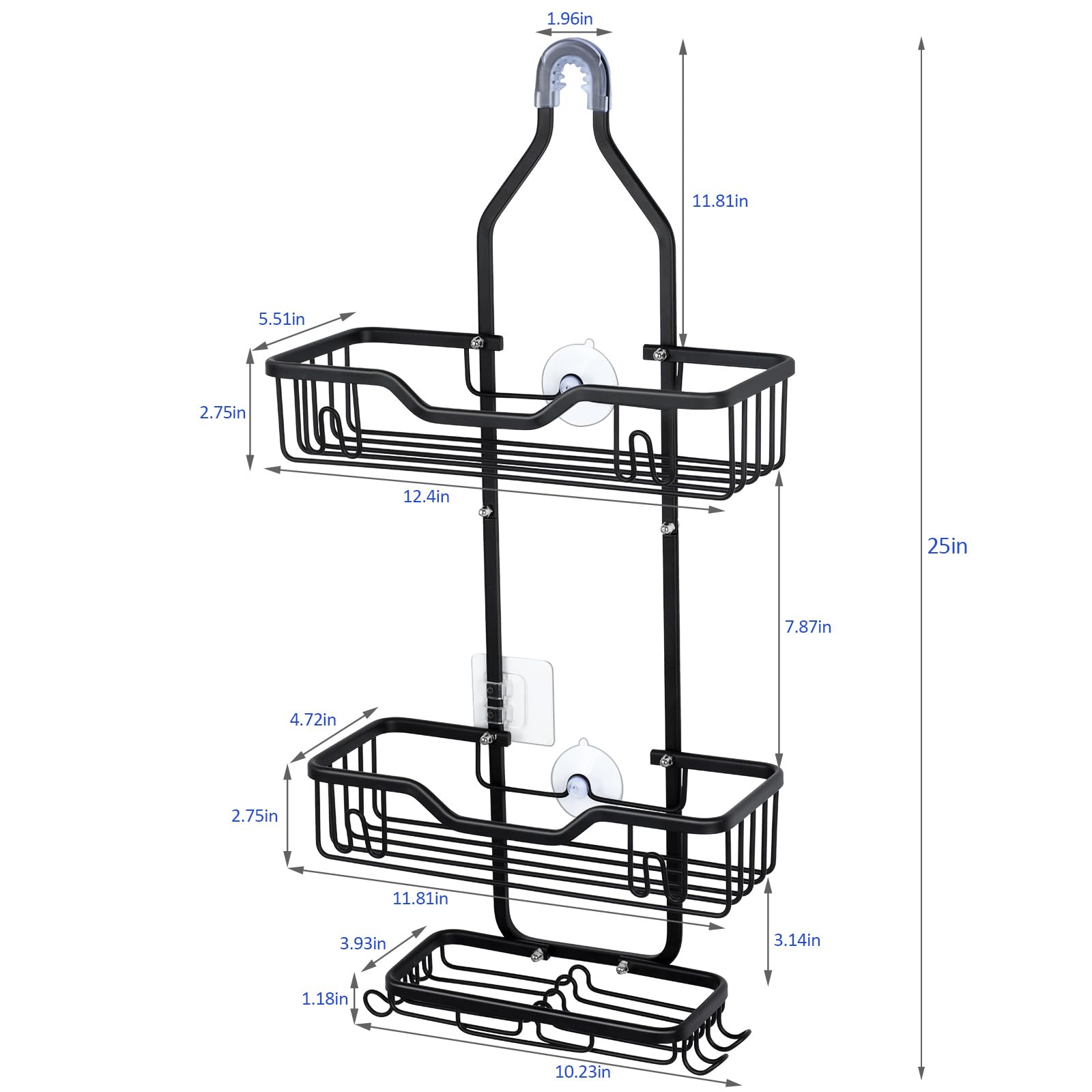 HEOMU Bathroom Hanging Shower Caddy, Shower Organizer Shelves with 4 Hooks, Rustproof & Waterproof Shower Storage Rack for Shampoo, Conditioner, Soap, Bath Sponge, Silver