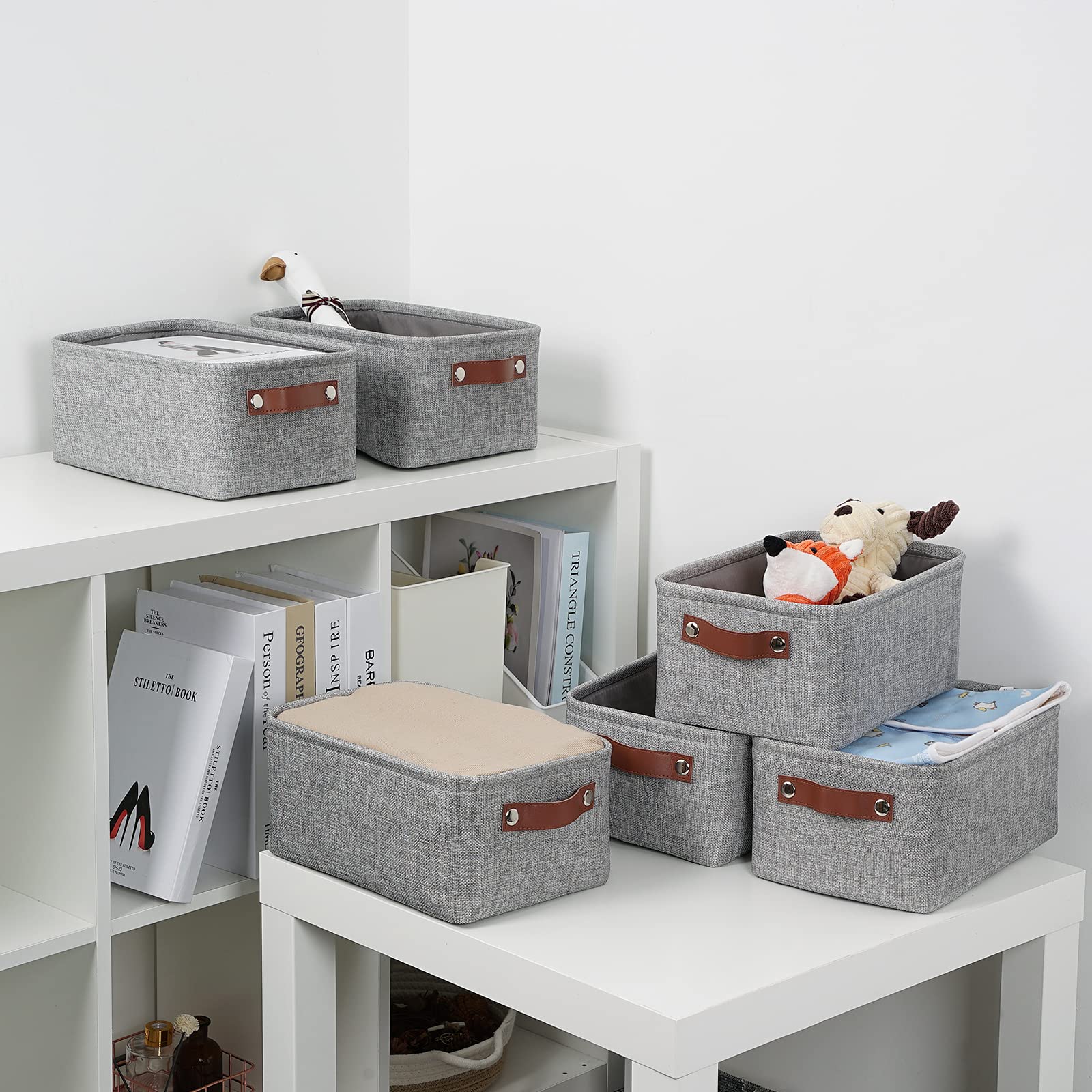 DULLEMELO Collapsible Bundle Baskets 6 Small Baskets 11.8"x7.9"x5.1" + 2 Narrow Baskets 15"x6"x5.5"(Grey)