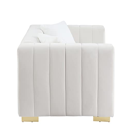 kevinplus 62.6'' Loveseat Chesterfield Sofa Couch for Living Room, Velvet Modern 2-Seat Upholstered Sofa Couch for Apartment Bedroom Dorm Office, Strong Gold Metal Legs, 2 Pillows, White