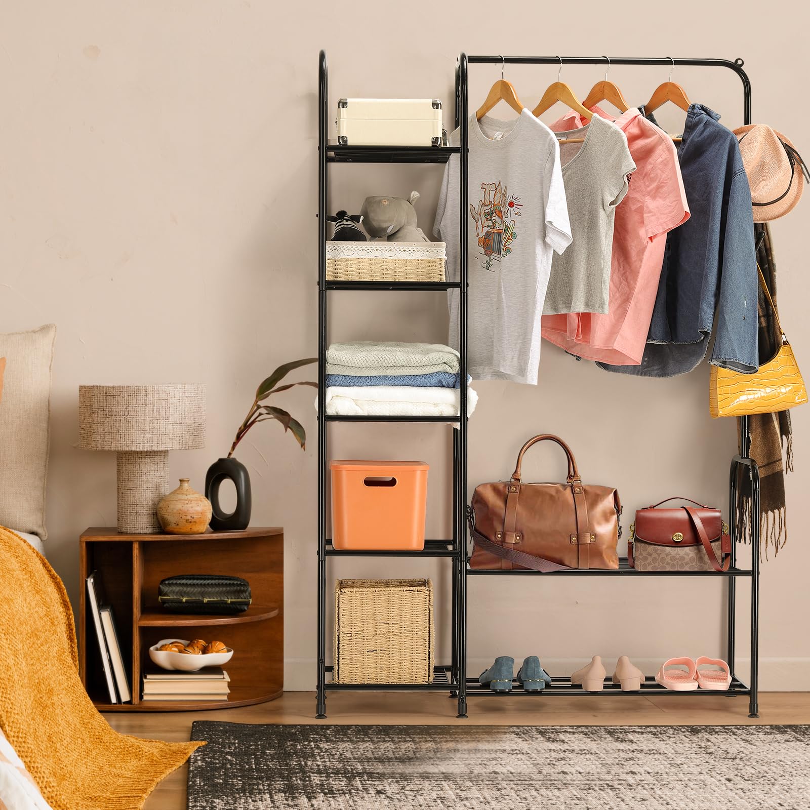HEOMU Garment Rack with Shelves, Freestanding Clothes Rack, Portable Clothing Racks for Hanging Clothes, Coats, Shirts, Black