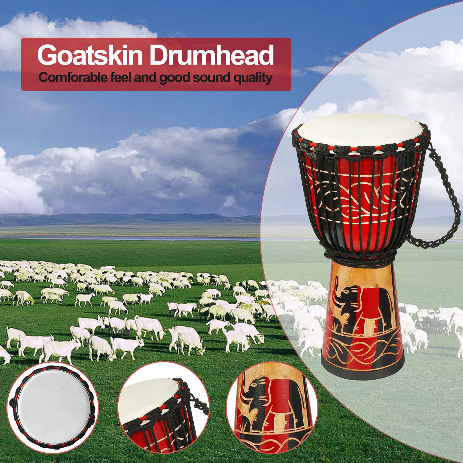 Djembe Drum Bongo Hand Drum with Goatskin African Drum Congo Stardard Size Great Gift for Beginners Adults and Kids elephant