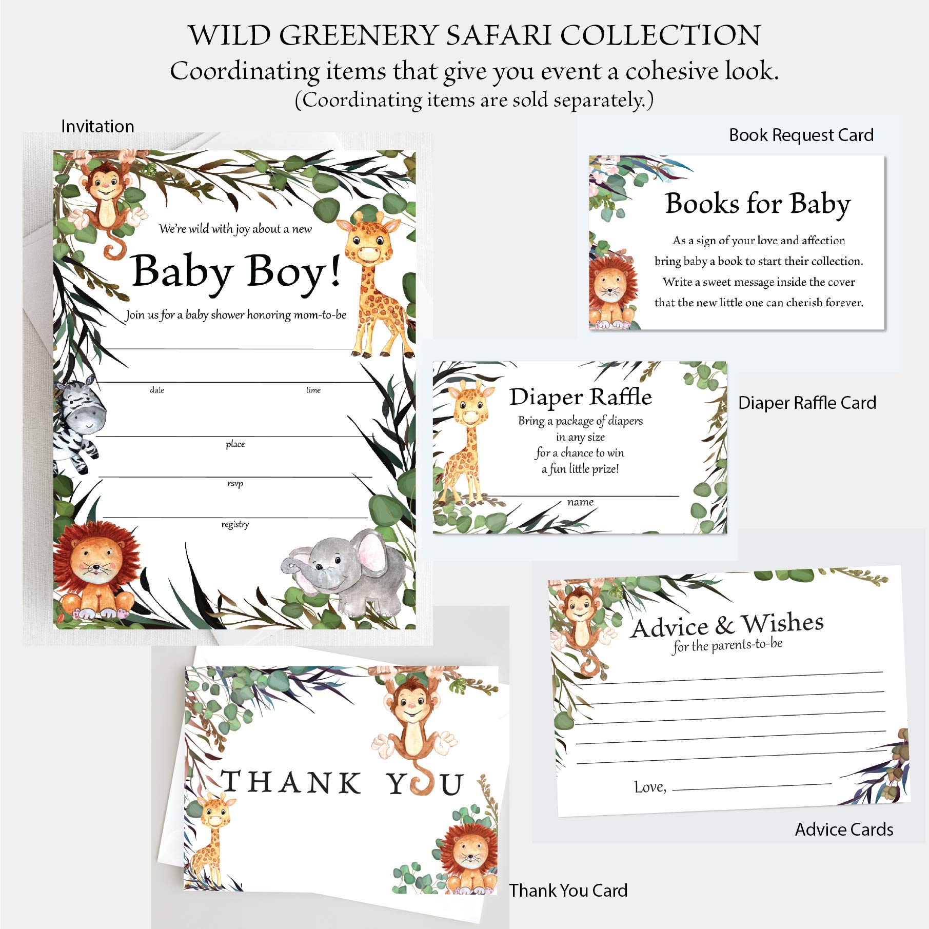 Moonrise Papery SET OF 25 Safari 1st Birthday Party Invitations, Wild One Invitations with Envelopes, Jungle Theme, Lion, Elephant, Giraffe, Zebra, Monkey Birthday Party Invites