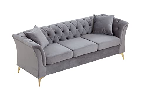 kevinplus 84'' Chesterfield Sofa Couch for Living Room, Modern Velvet 3-Seat Upholstered Sofa Couch for Apartment Bedroom Dorm Office, Strong Gold Metal Legs, 2 Pillows, Grey