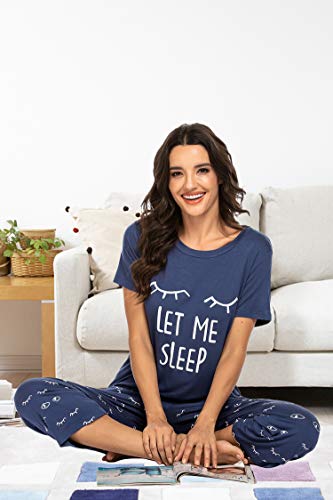 MAXMODA Women's Short Sleeve Capris Pajama Set Sleepwear Pj for Teen Girl Navy Blue L