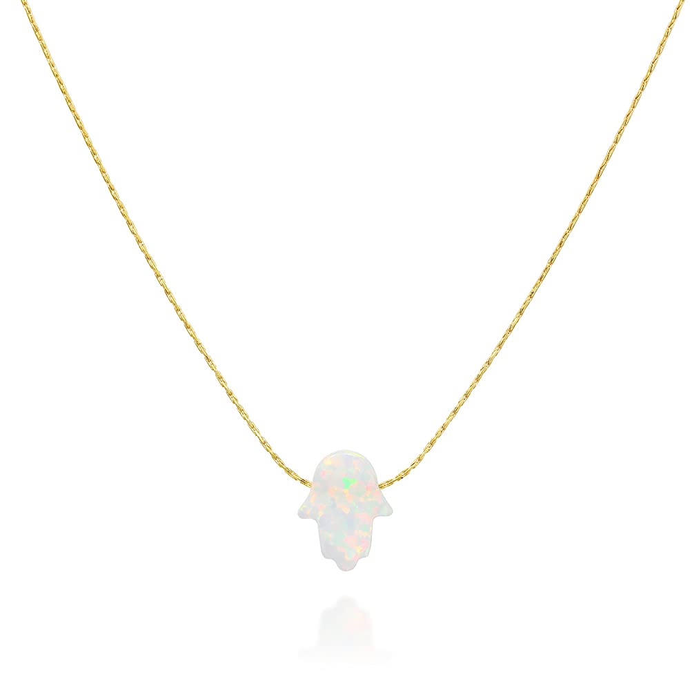 Delicate 14K Gold Filled Opal Hamsa Choker Necklace - Designer Handmade Minimalist Collar with Small White Hand - 13.5 inch + 3 inch extending chain