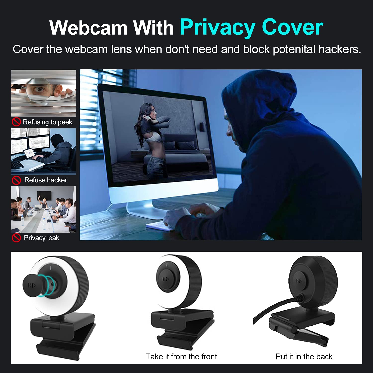 COSHIP 1080P 60FPS Webcam for PC, with Microphone, 2024 Computer Camera with Ring Light, Privacy Cover, Advanced Auto-Focus, Adjustable Brightness, Streaming Web Camera for Zoom Skype