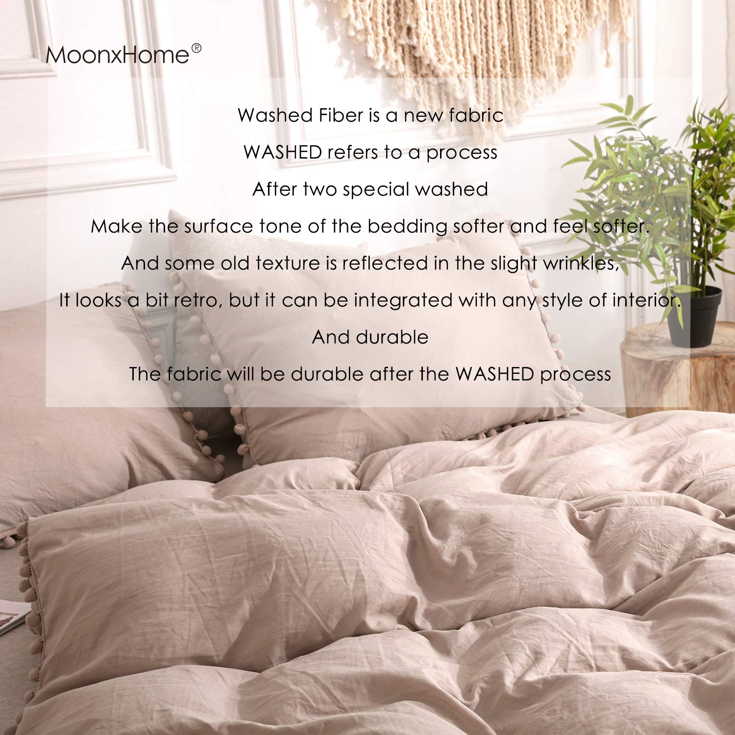 MoonxHome Duvet Cover Set Queen Size Boho Aesthetic Comforter Cover Bed Set Ball Pom Poms Fringe Luxury 100% Super Soft Microfiber 3 Piece Duvet Cover Set Includes 2 Pillow Shams Tawny