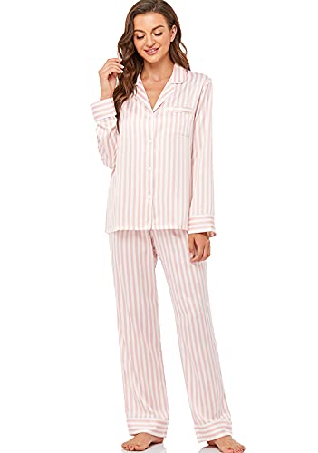 Serenedelicacy Women's Satin Pajama Set Long Sleeve Button Down Sleepwear 2-Piece Striped Silky Pj Set (Medium, Blush/Ivory, Stripe)