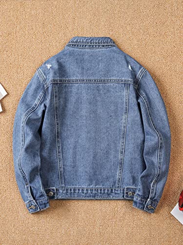 Verdusa Boy's Ripped Long Sleeve Button Front Denim Jacket Coat Outerwear Medium Wash 130