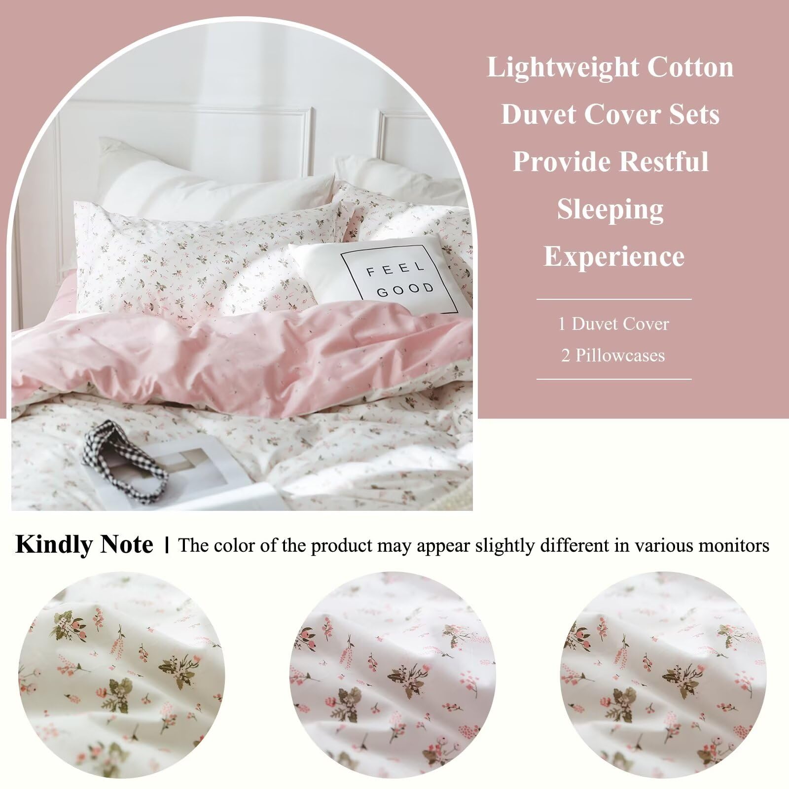 VClife Queen Cotton Duvet Cover Pink White Floral Bedding Sets, Vintage Style Flower Branches Pattern Duvet Covers with Zipper Closure- 1 Duvet Cover and 2 Pillow Covers, Breathable Lightweight