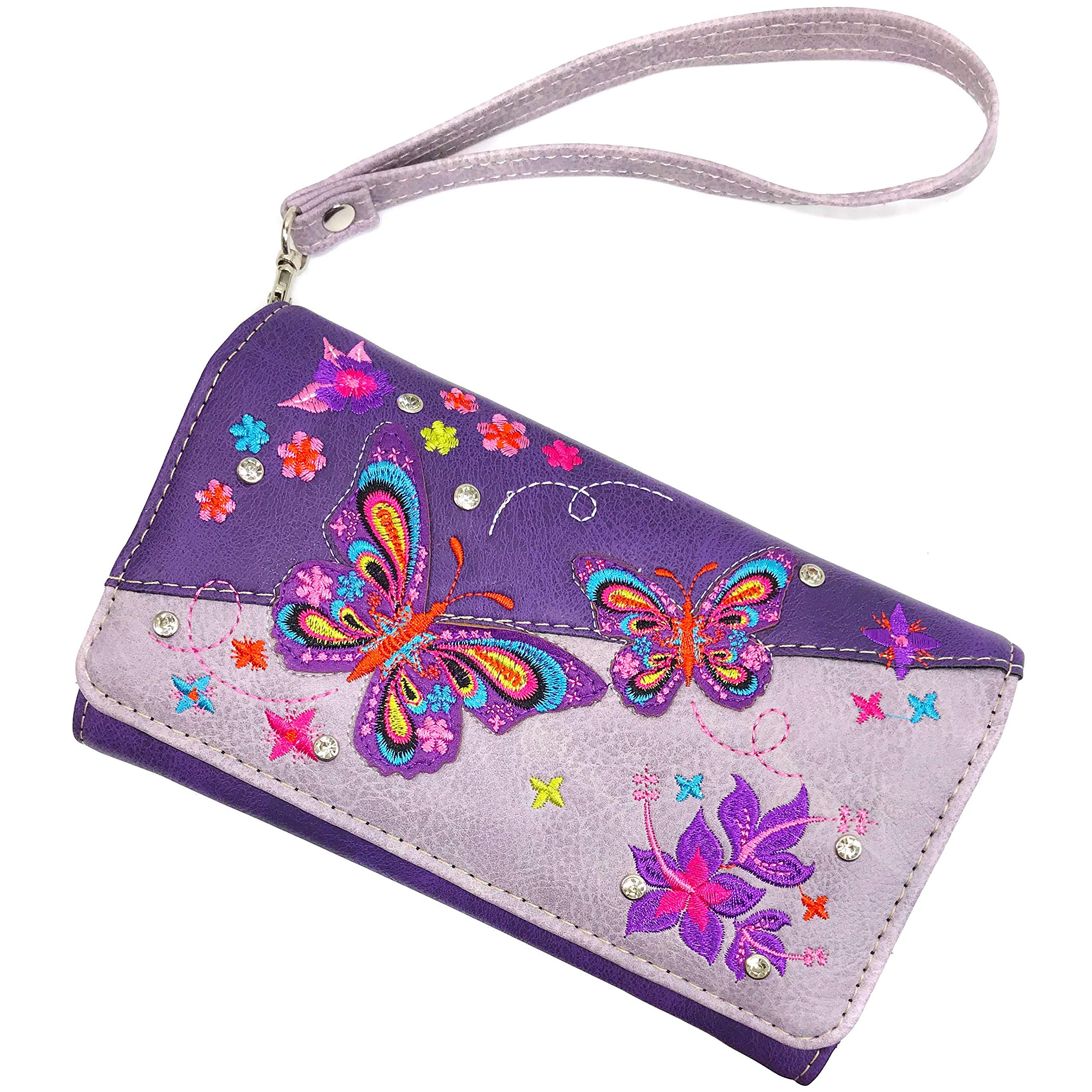 Zelris Butterfly Flower Season Embroidery Women Crossbody Wrist Trifold Wallet (Purple Violet)