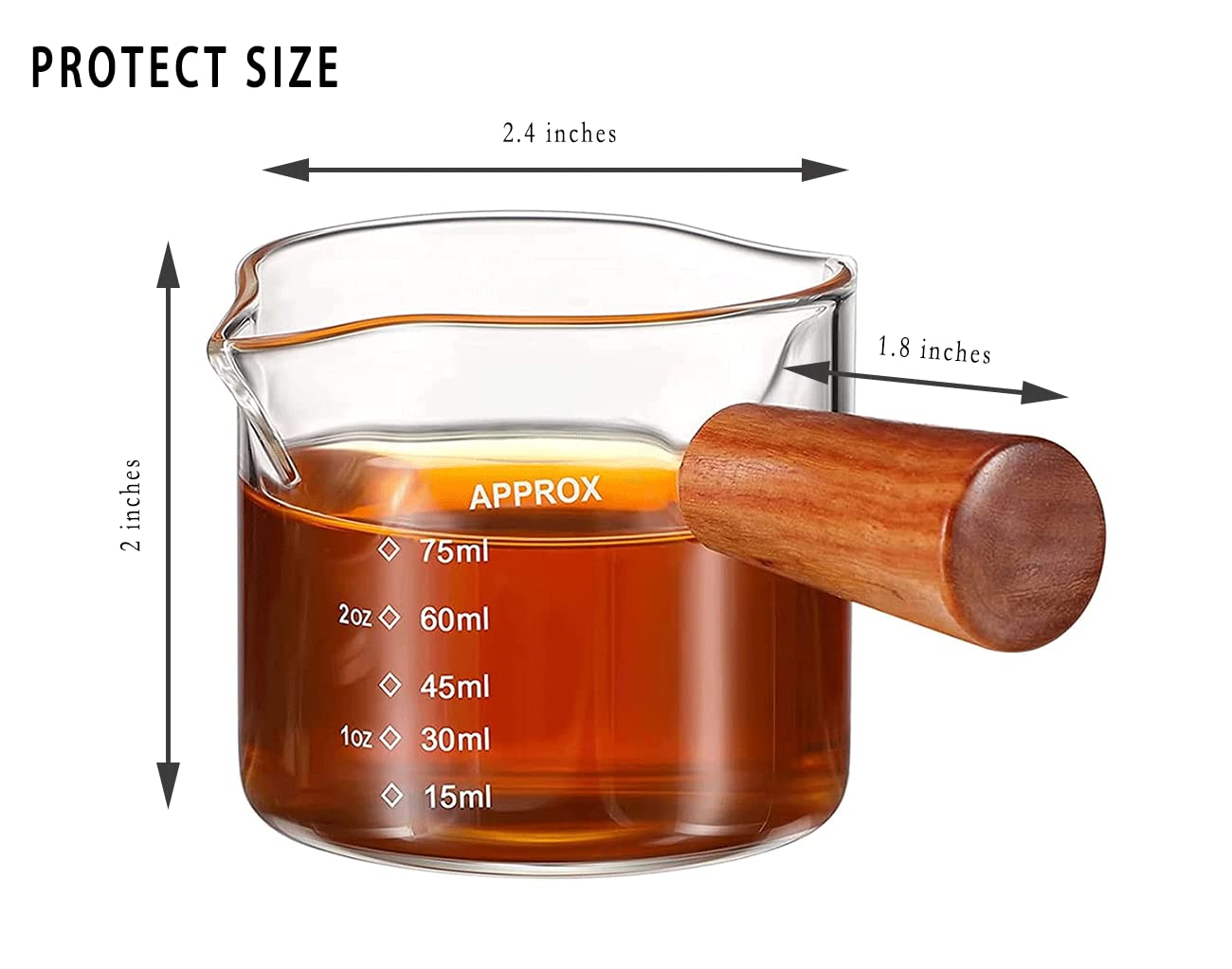 Espresso Shot Glass 75ML Double Spouts Espresso Measuring Cup Milk Cup Espresso Accessories with Wood Handle for Barista Coffee Espresso Making (2 Pack)
