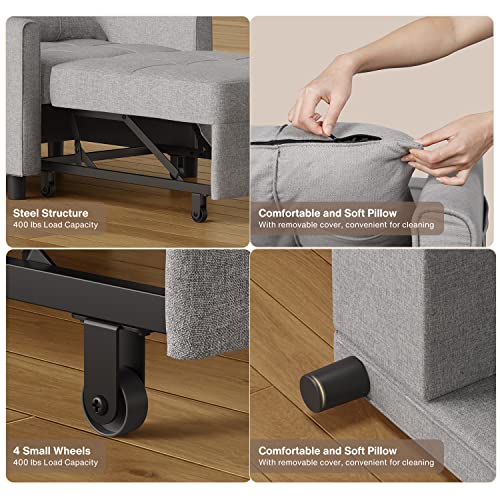 Noelse Sleeper Sofa Chair Bed, Convertible Sofa Chair 3-in-1, Adjustable Sleeper Chair Pullout Sofa Bed with Modern Linen Fabric for Living Room Apartment Small Space, Grey