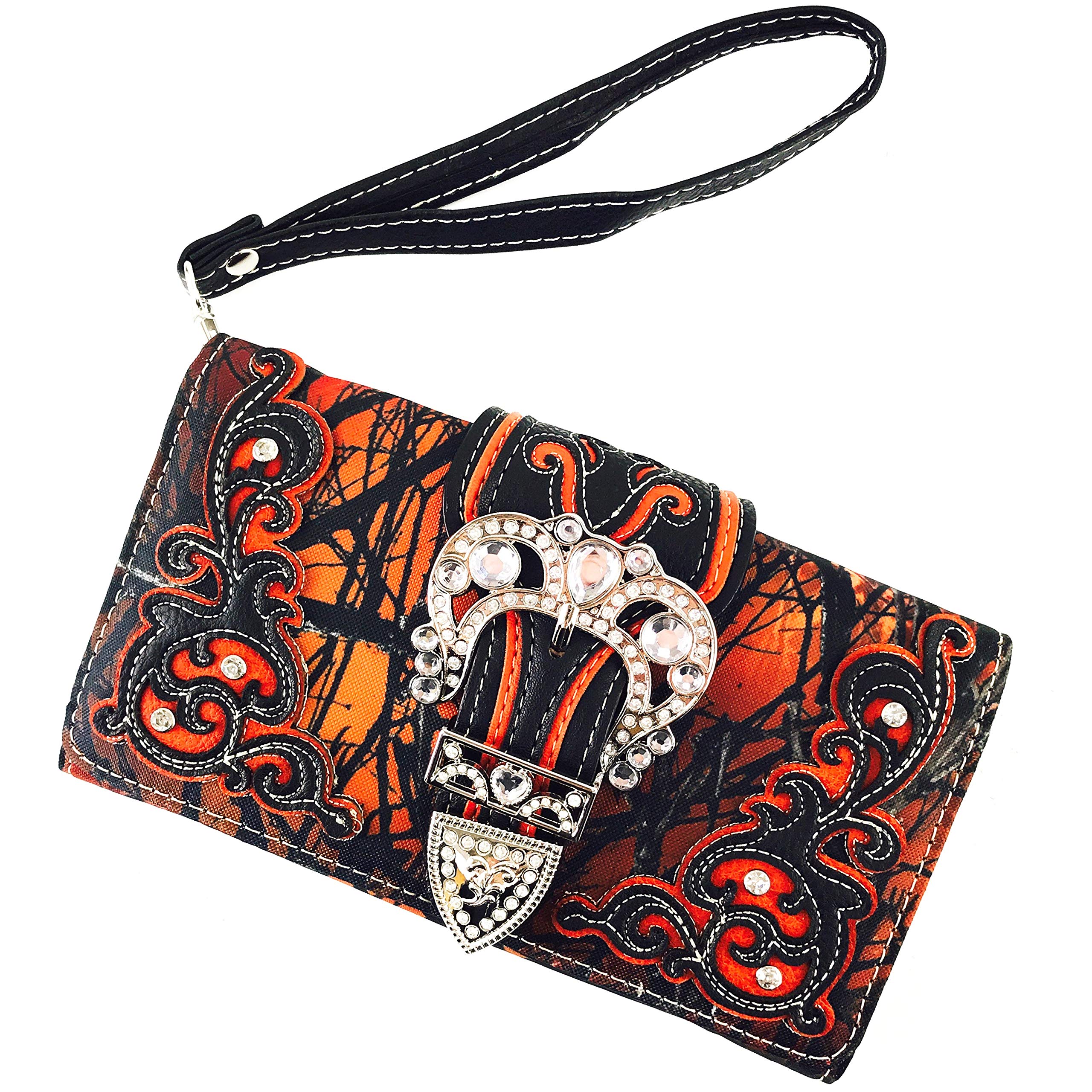 Zelris Camouflage Shine Glow Silver Buckle Women Crossbody Trifold Wallet (Orange)
