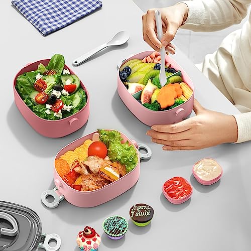 KHOXU Bento Lunch Box, Stackable 3 Layers Bento Box Adult Lunch Box, 94OZ Large Capacity Lunch Containers, Lunch Box Kids with Accessories Kit , Leak-Proof, Food-Safe Materials, Pink