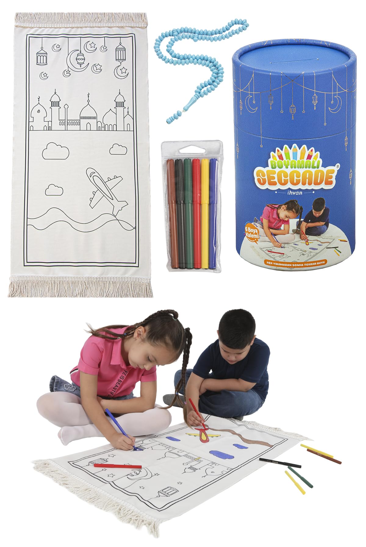 ihvan online, Kids Prayer Mat, Washable Painted Prayer Rug for Kids, Colourful Marker, Muslim Prayer Mala Beads, Soft Salah Travel Mat Carpet, Perfect Islamic Gifts for Kids, Blue