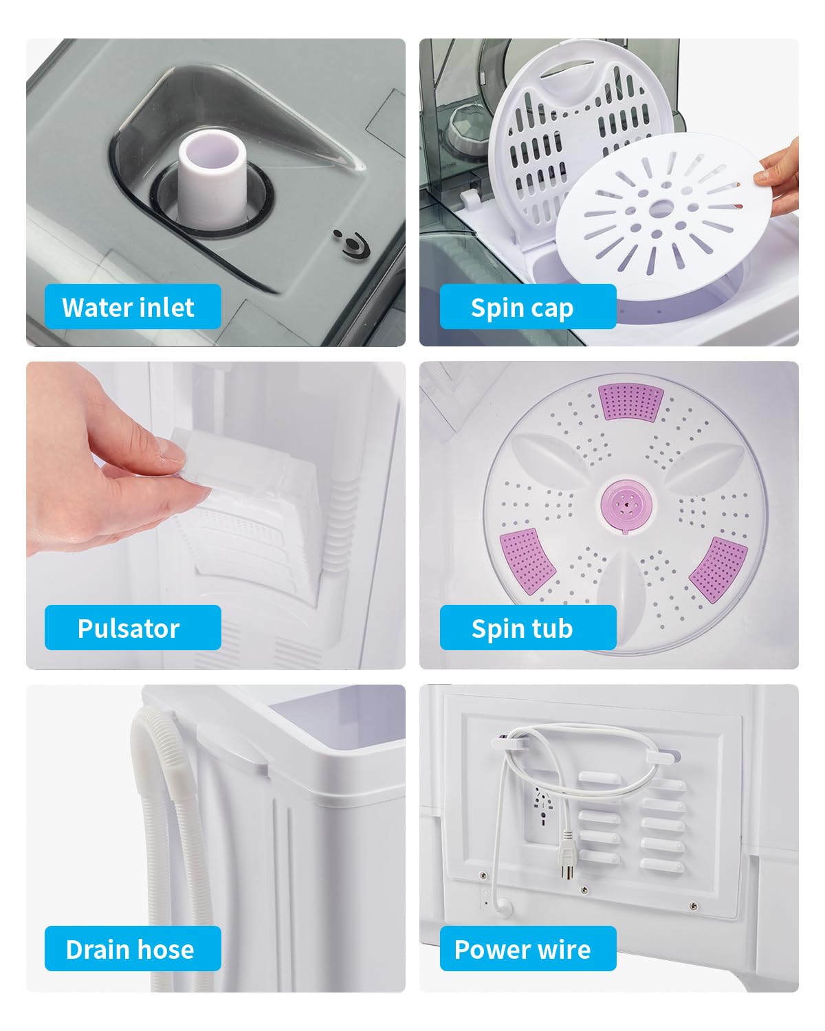 LEADZM 26LBS Portable Washing Machine, Washer(18Lbs) and Spinner(8Lbs), Mini Compact Twin Tub Washer and Dryer Combo with Pump Draining, Great for Dorms Apartments RV Camping (White & Grey)