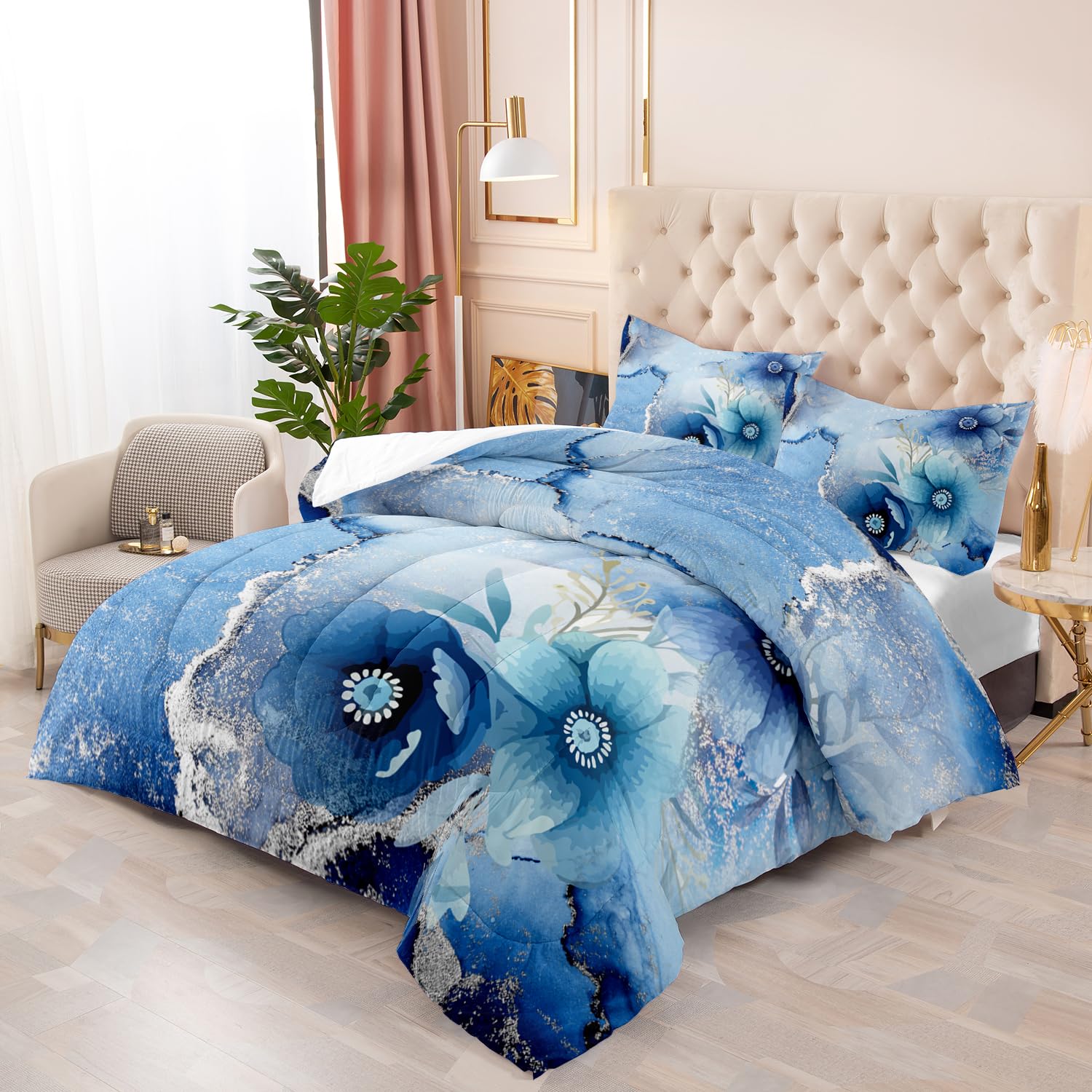 Nttopship Blue Marble Bedding Set Twin for Girls Boys Teens Blue Rose Comforter Set Silver Foil Quilt Comforter Kids Space Marble Room Decor 1 Comforter+2 Pillowcase