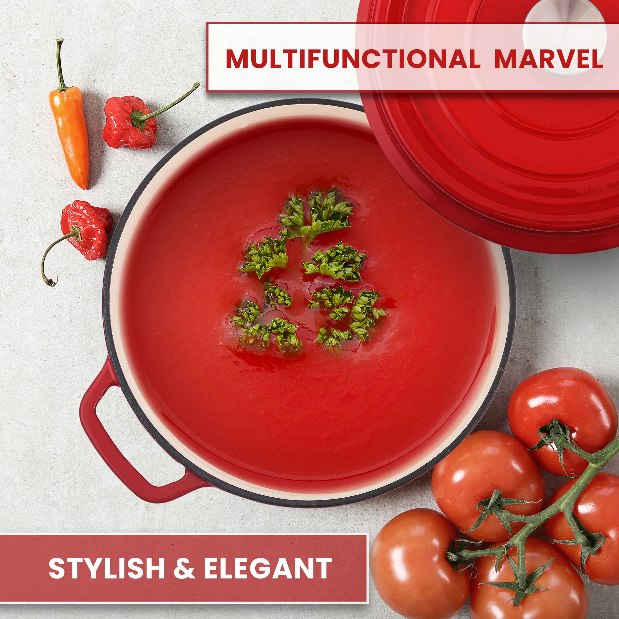 Iron Gourmet™ Enameled Cast Iron Dutch Oven Pot With Lid – Red | Versatile 6 Quarts I Dutch Oven Pot With Lid For Marinating, Baking, Refrigerating, And Serving | Dual Handles I Large