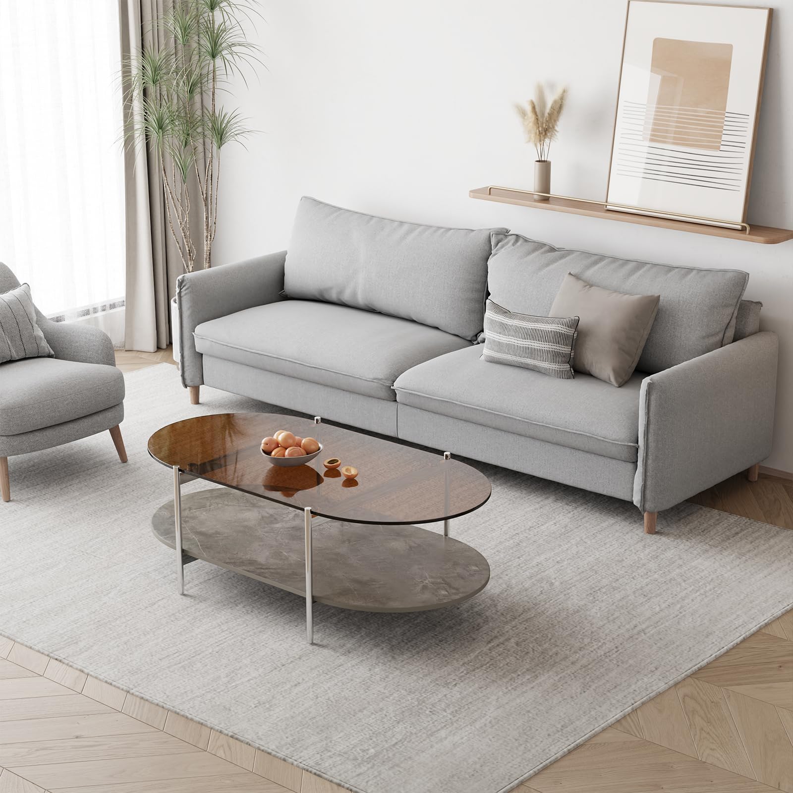 jiexi Tempered Glass & MDF Wood Coffee Table, 2-Tier Modern Side Table with Storage Space, Center Table for Home, Office, Living Room