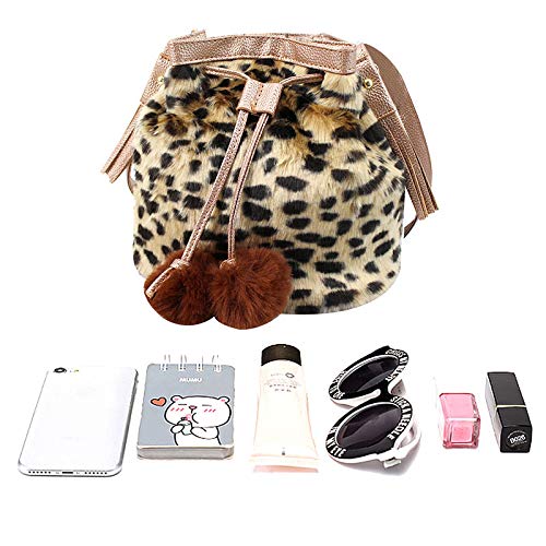 Van Caro Women’s Faux Fur Drawstring Bucket Bag Shoulder Crossbody Bag, Leopard Brown