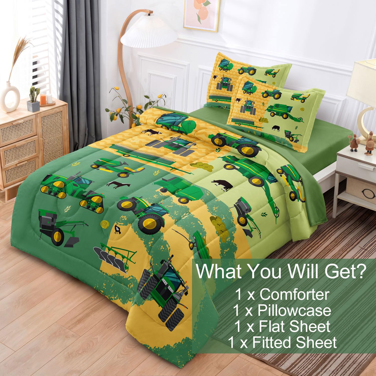 Leaflin Twin Construction Bedding Set for Boys Kids Farm Tractor Bedding 4 Pieces Cars Twin Comforter Set for Boys, Twin Truck Bed in a Bag Set Boys