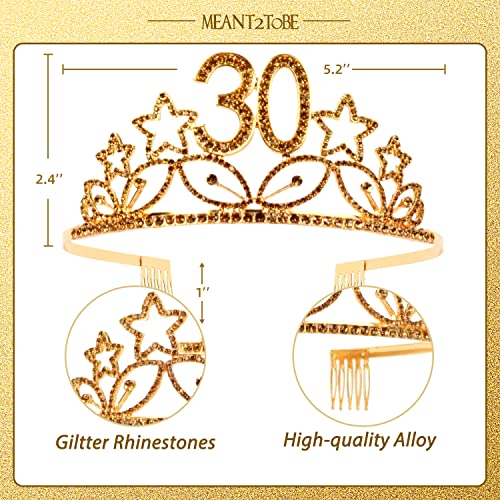 MEANT2TOBE 30th Birthday Sash & Tiara Set for Women - Dirty Thirty Glitter Sash - Stars Rhinestone Golden Tiara - Gift for 30th Celebration Decorations, and Accessories