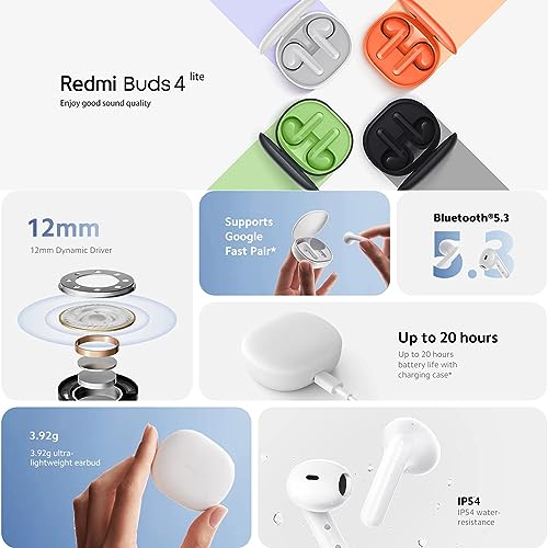 Xiaomi Redmi Buds 4 Lite TWS Wireless Earbuds, Bluetooth 5.3 Low-Latency Game Headset with AI Call Noise Cancelling, IP54 Waterproof, 20H Playtime, Lightweight Comfort Fit Headphones, White