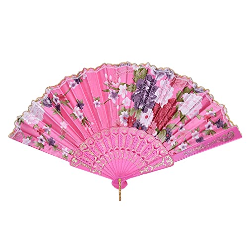 Folding Fan Dance Wedding Party Lace Silk Folding Hand Held Flower Pattern Fan Folding Fan Hand Fanc (Navy) (Yellow)