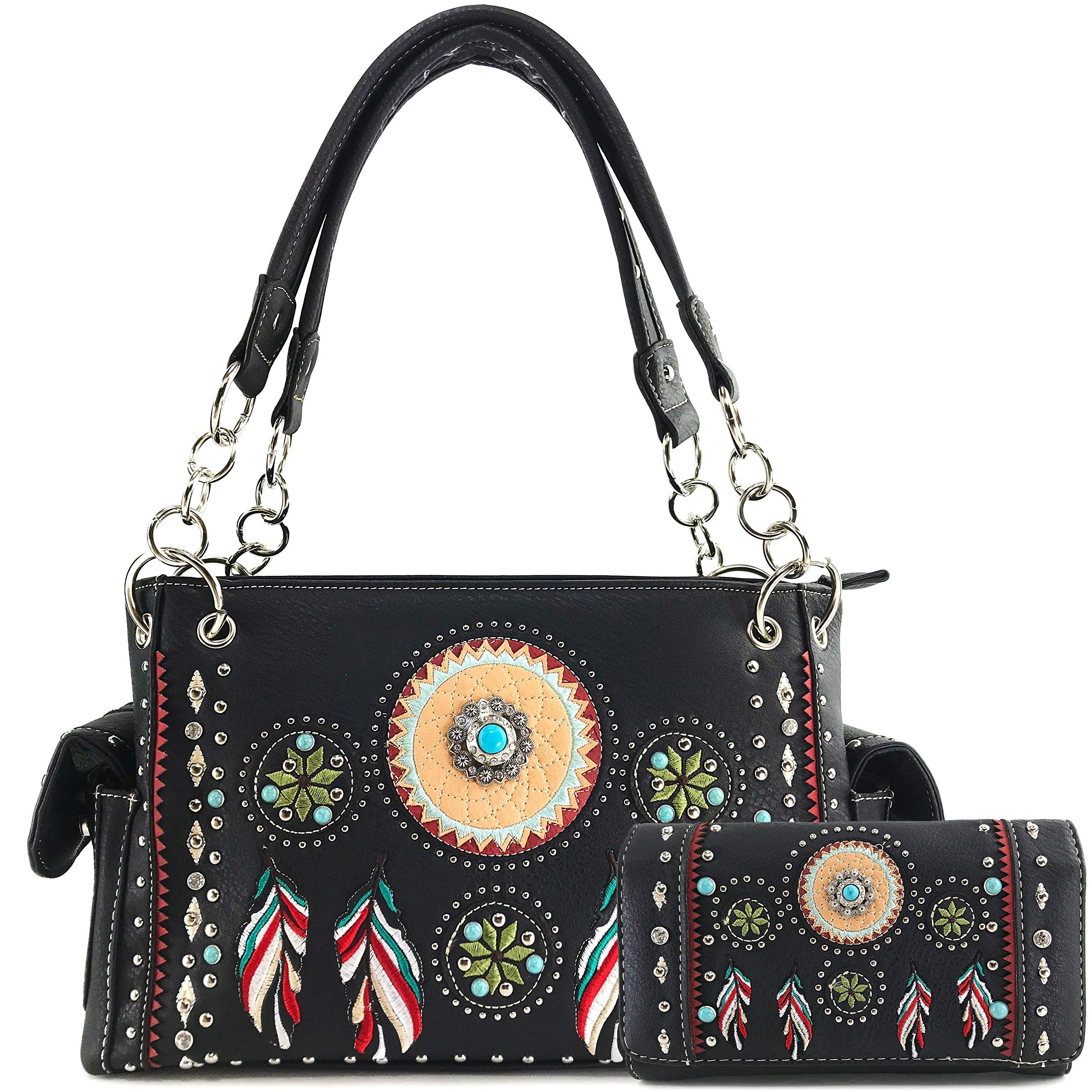 Zelris Tribal Dream Catcher Feather Embroidery CCW Concealed Carry Western Handbag And Wallet Set (Black)