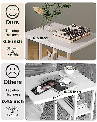 Innerjoin C Shaped End Table, Side Table with Metal Frame, TV Tray Table for Couch, Sofa Table for Living Room Bedroom, Bedside, Rustic Vintage Style, White