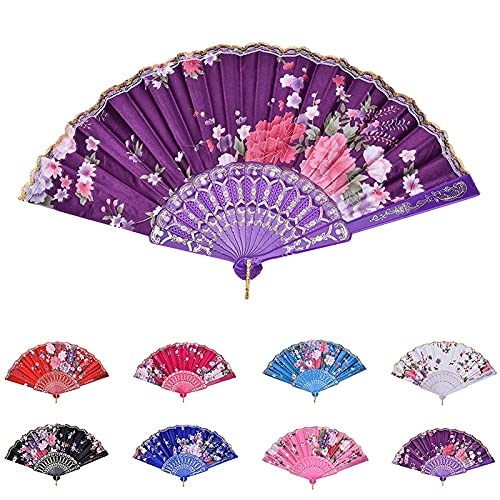 Folding Fan Dance Wedding Party Lace Silk Folding Hand Held Flower Pattern Fan Folding Fan Hand Fanc (Navy) (Rose)
