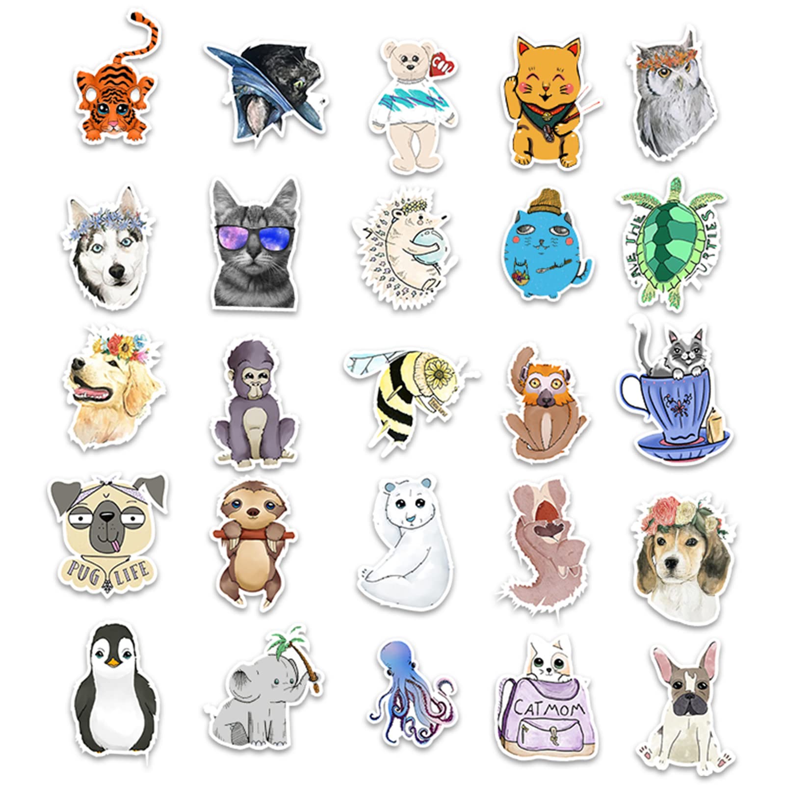 FUYIOCN 50 Pack Cute Animal Stickers for Water Bottle Notebook Camping, Animal Stickers Theme Non-Repeating Vinyl Holiday Party Stickers