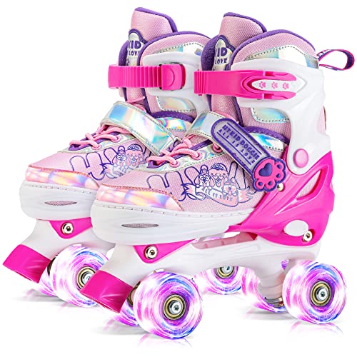 HYKID Paw Stars 4 Size Adjustable Roller Skates with Light Up Wheels,Safe for Girls Kids Toddler, Trimmable Insole Included (Small)